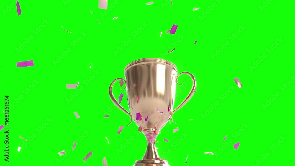 3d Golden trophy pink confetti isolated green screen background Stock ...