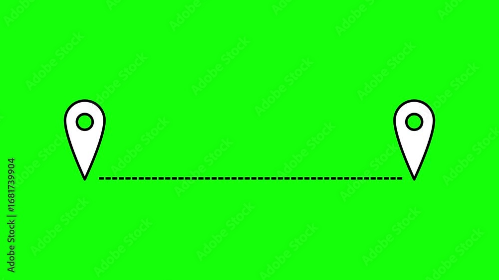 Two location pins connected by a dashed line animated on green screen ...
