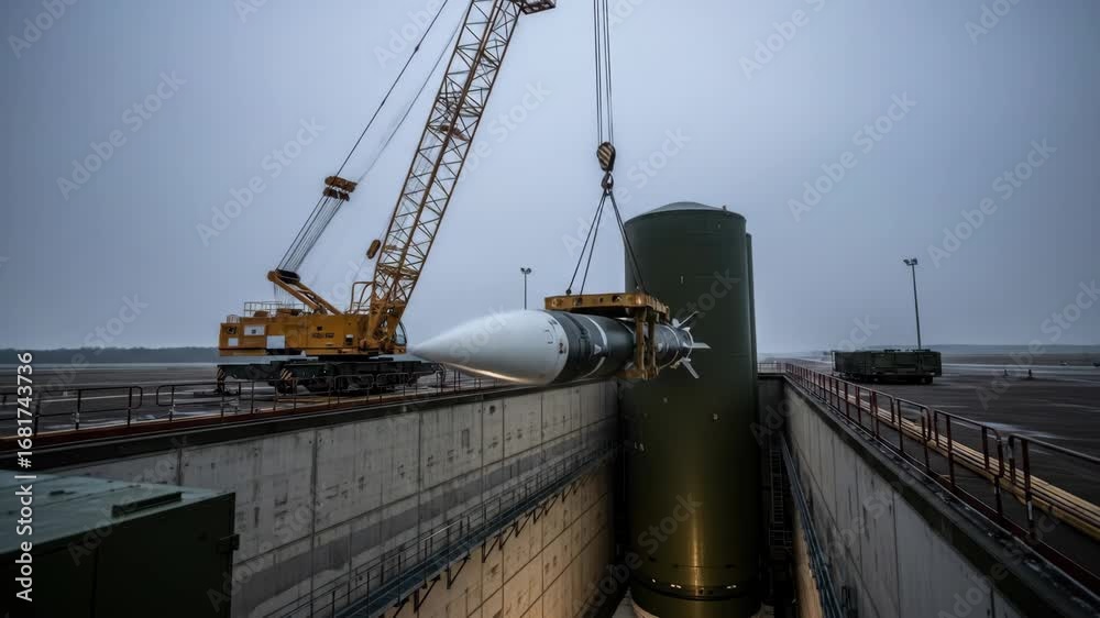 Crane lowering missile into silo. Military industrial complex with ...