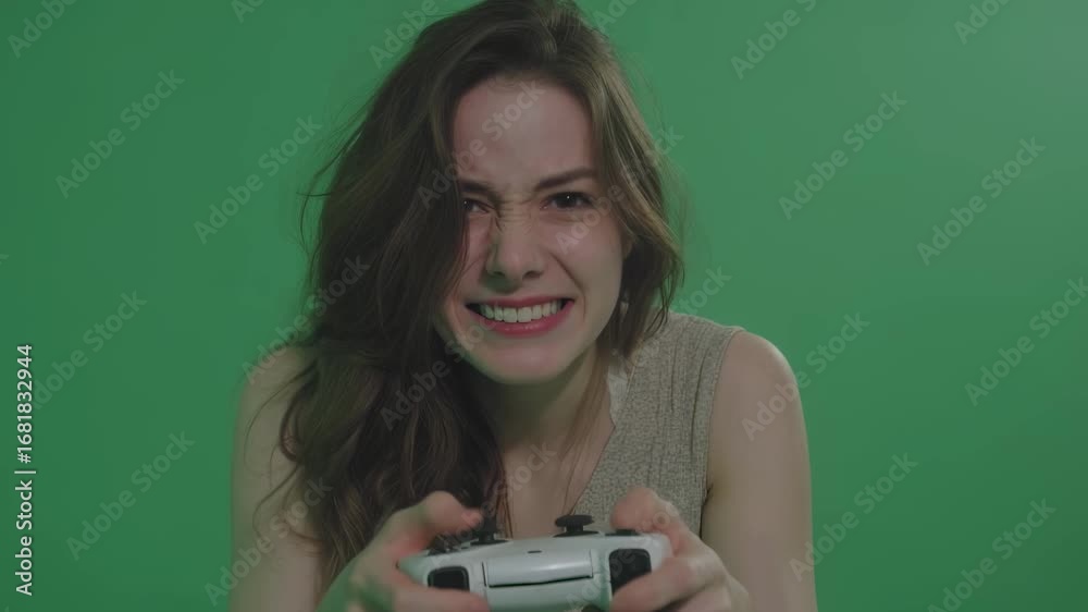 Enthusiastic gamer girl playing video games with a controller, isolated ...