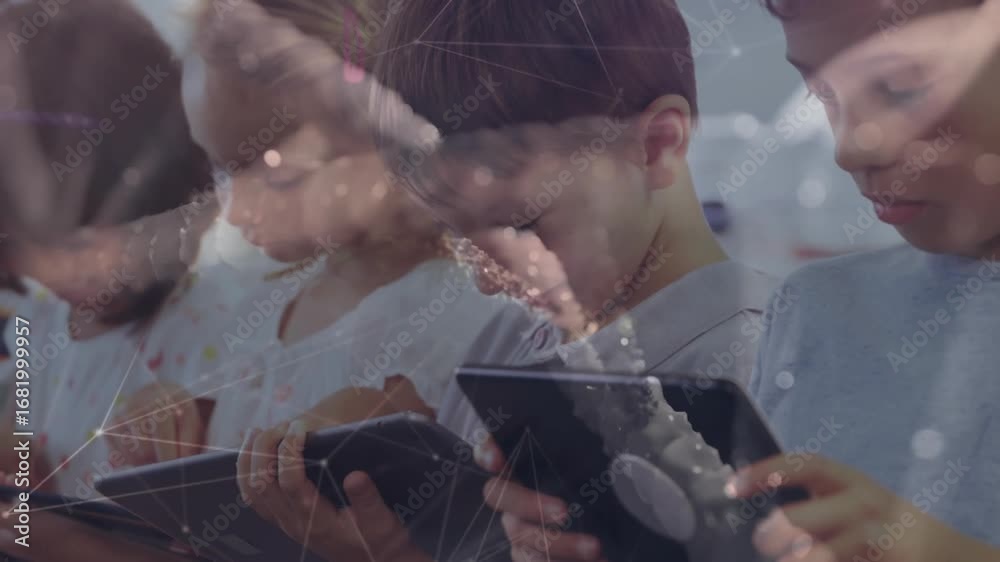Four children tapping tablet screens and unlocking devices activating ...