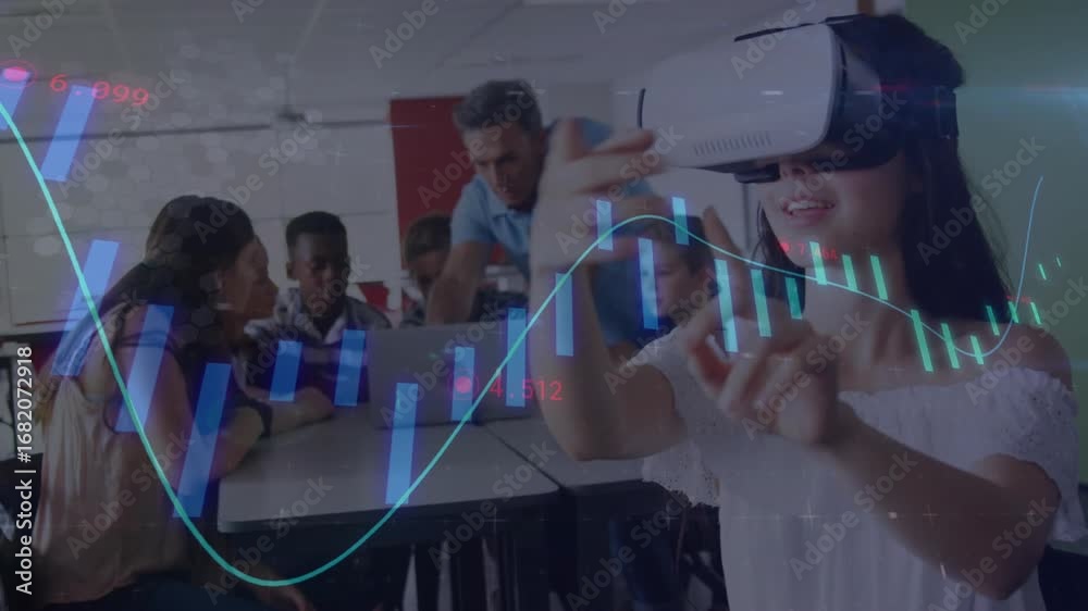 Teenage girl putting on VR headset and interacting with virtual graph ...