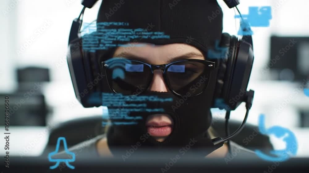 Face Covered Hacker Wearing Headset with Lines of Code and Cyber ...