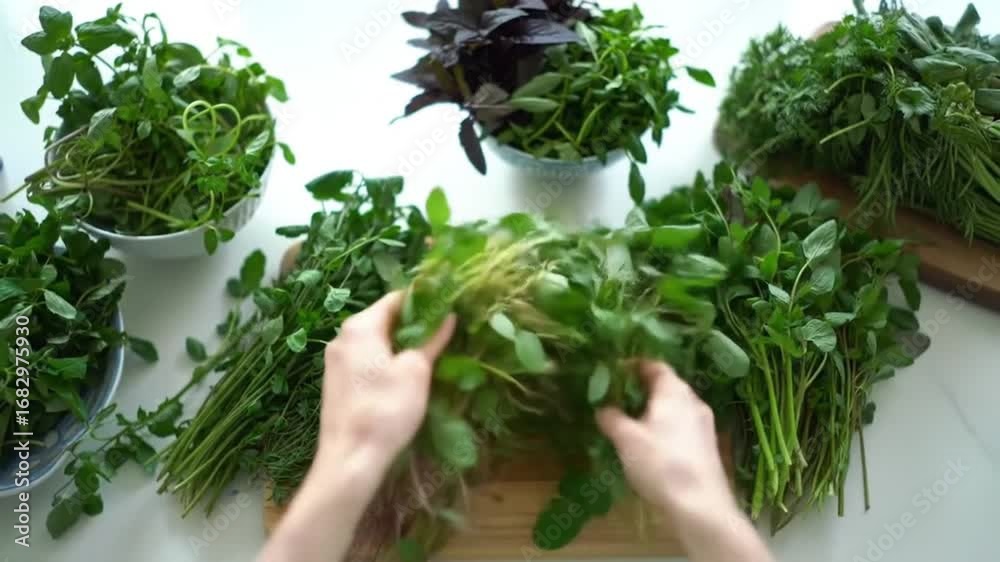 Harvesting fresh herbs kitchen culinary tutorial home environment hands ...