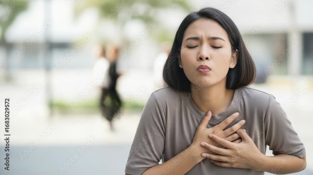 Woman experiencing chest pain with hands clasped over her sternum ...