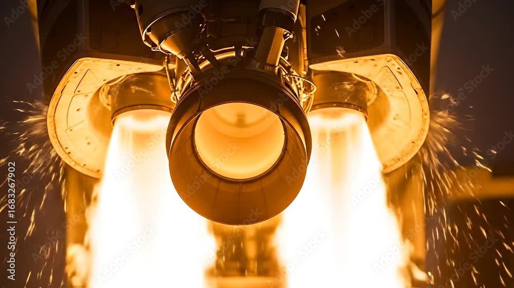 High-Tech Rocket Engine Launch with Bright Flames and Sparks ...