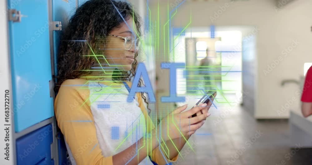 Student scrolling smartphone in education hallway initiating AI ...
