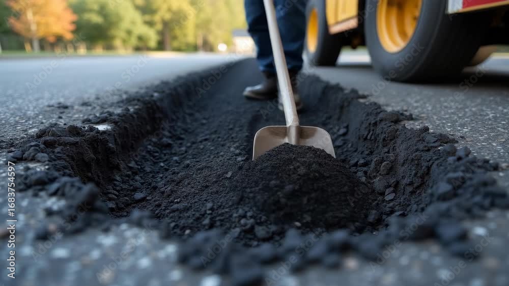 Worker filling pothole with cold asphalt patching material using manual ...