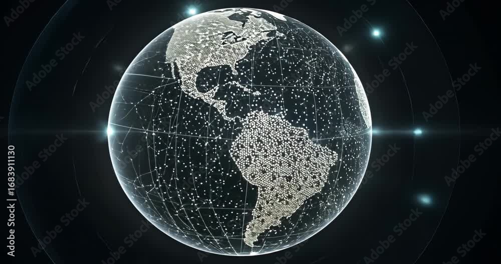 Rotating digital globe pulsing network nodes and grid lines in void ...