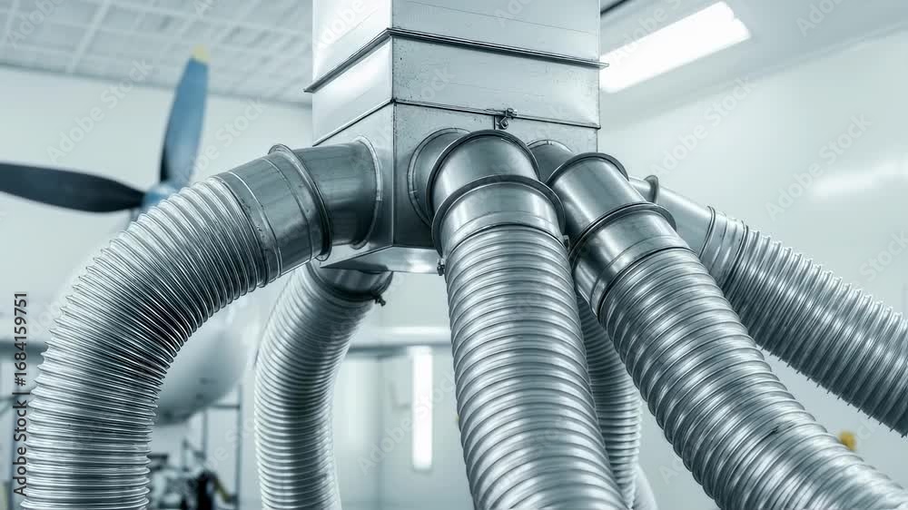 Industrial ventilation duct junctions in aircraft paint booth with ...