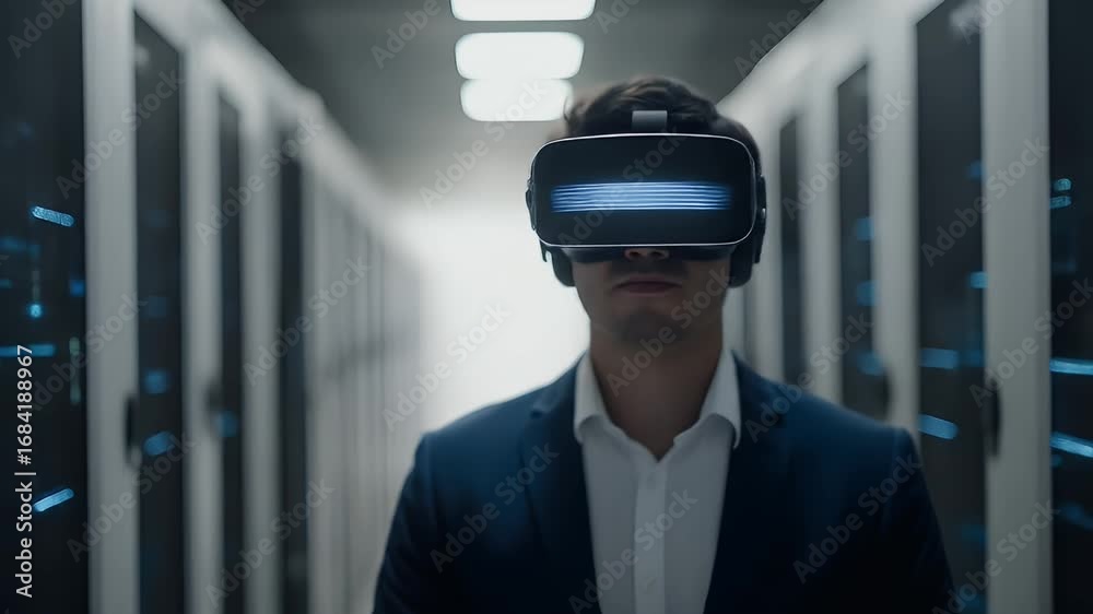 Edge AI integration pipeline animation. Man in a suit wearing virtual ...
