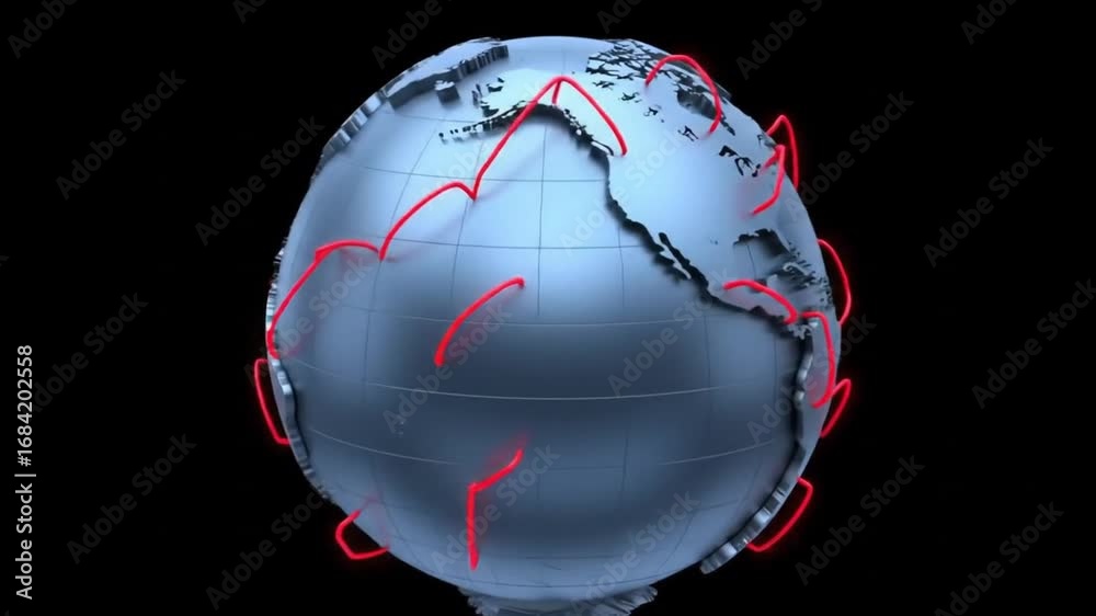 3D globe with red tectonic fault lines highlighting seismic activity ...