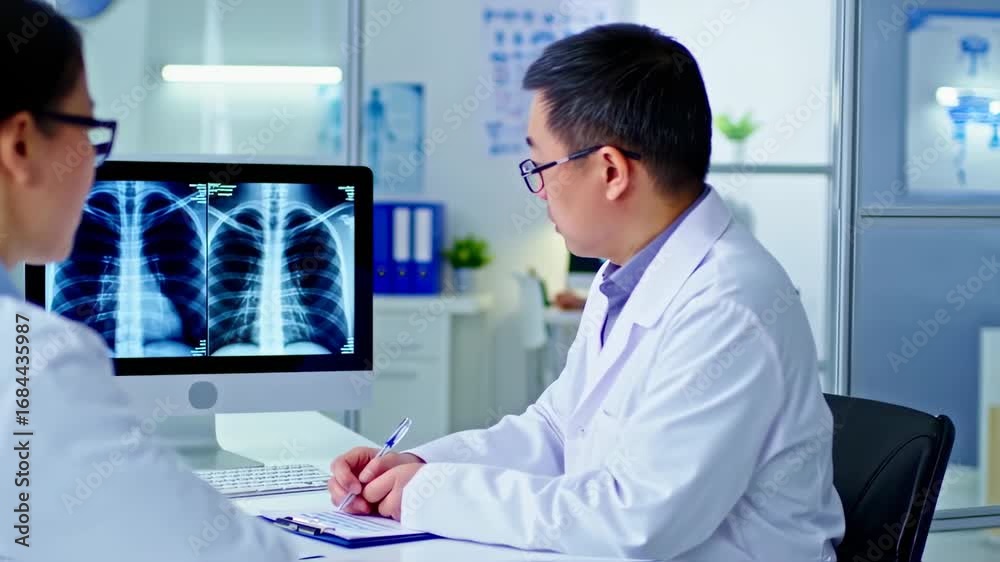 Two doctors review a chest X-ray on a computer screen, one taking notes ...