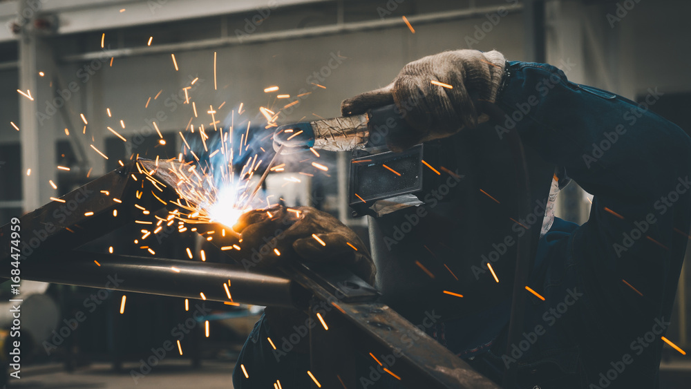 A welder expertly fuses metal pieces together, creating sparks in the ...