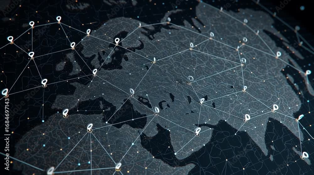 Animated digital map featuring interconnected location pins ...