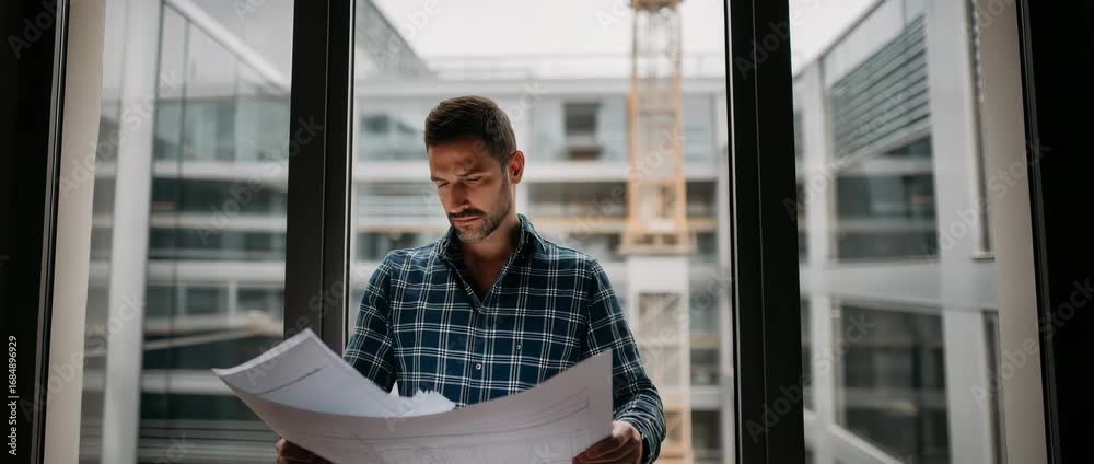 Civil engineer is examining architectural schematics and comparing data ...