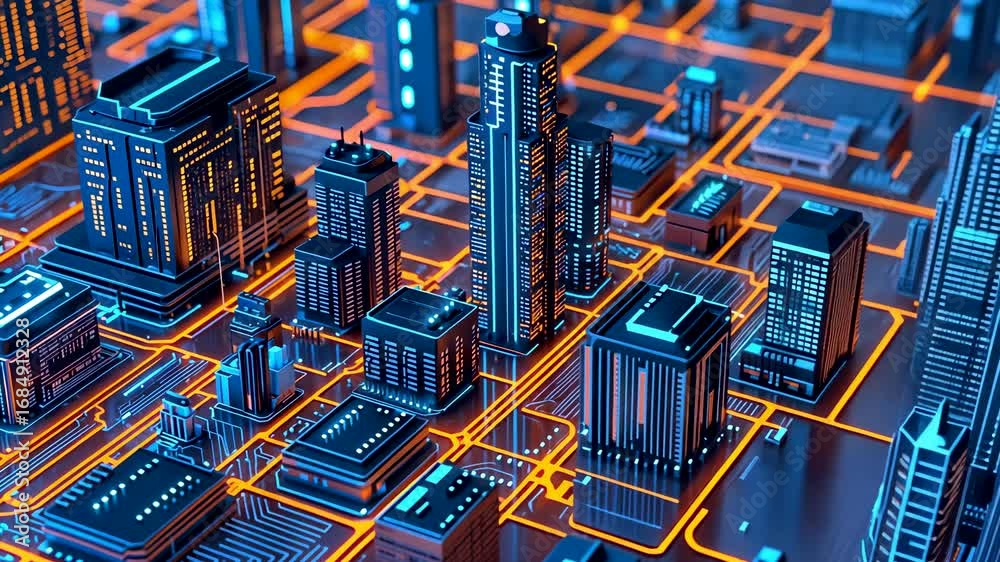 Futuristic 3D city model with glowing digital grid layout highlighting ...