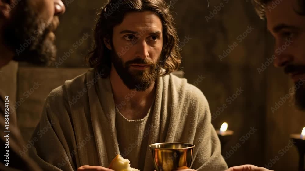 Jesus and man dipping bread in wine during last supper. Biblical scene ...