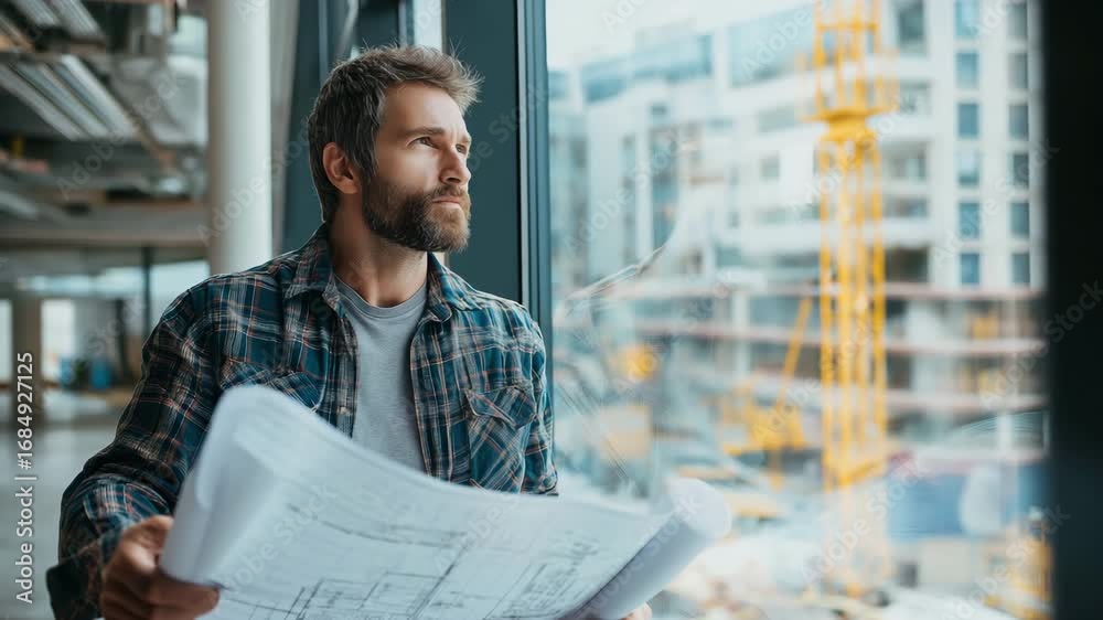 Civil engineer is examining architectural schematics and comparing data ...