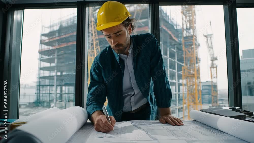 Civil engineer is examining architectural schematics and comparing data ...