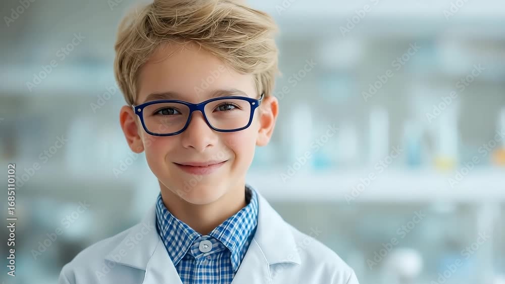Vidéo Stock Smiling science little child in laboratory uniform wearing ...