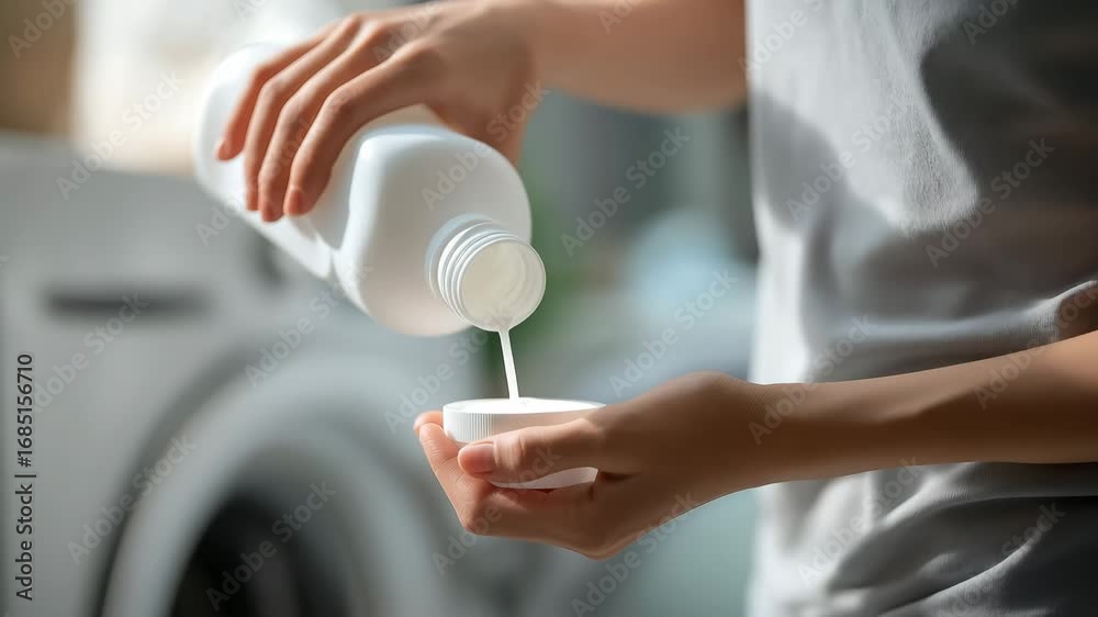 Woman housewife holding a detergent bottle on hand while pouring liquid ...