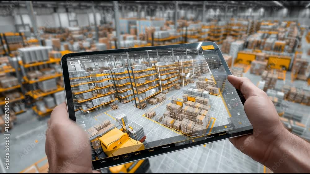 Hands Holding Tablet Showing Digital Twin of Smart Warehouse for ...