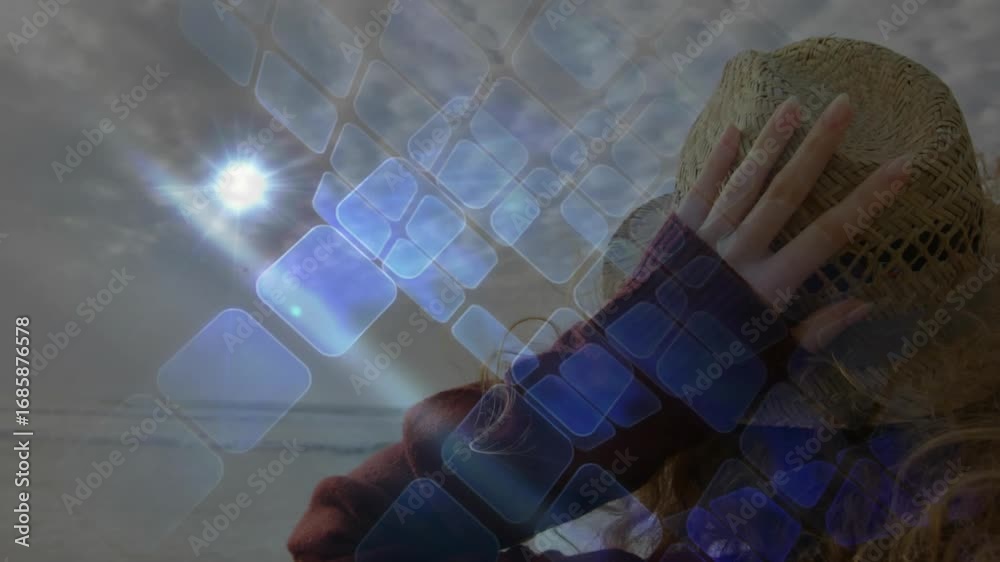 Woman raising hand tilting hat starting digital grid forming growing ...