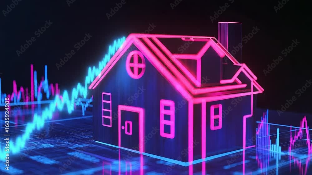 Glowing neon house symbolizing real estate market trends with stock ...