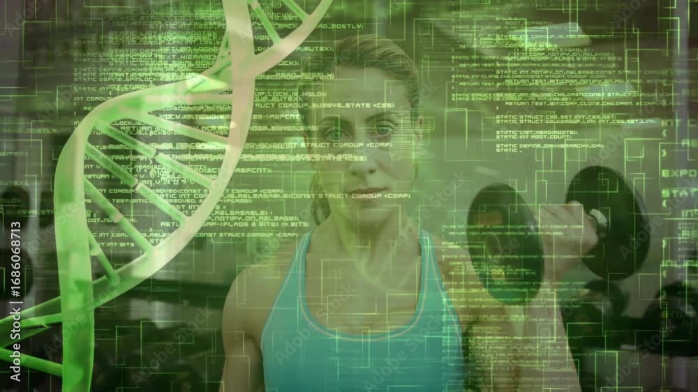 Woman gripping dumbbell and curling weight in gym green DNA helix code ...