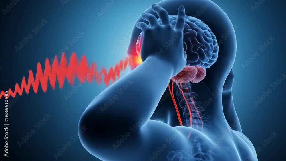 Brain scan showing headache and pain, illustrated anatomy of migraine ...