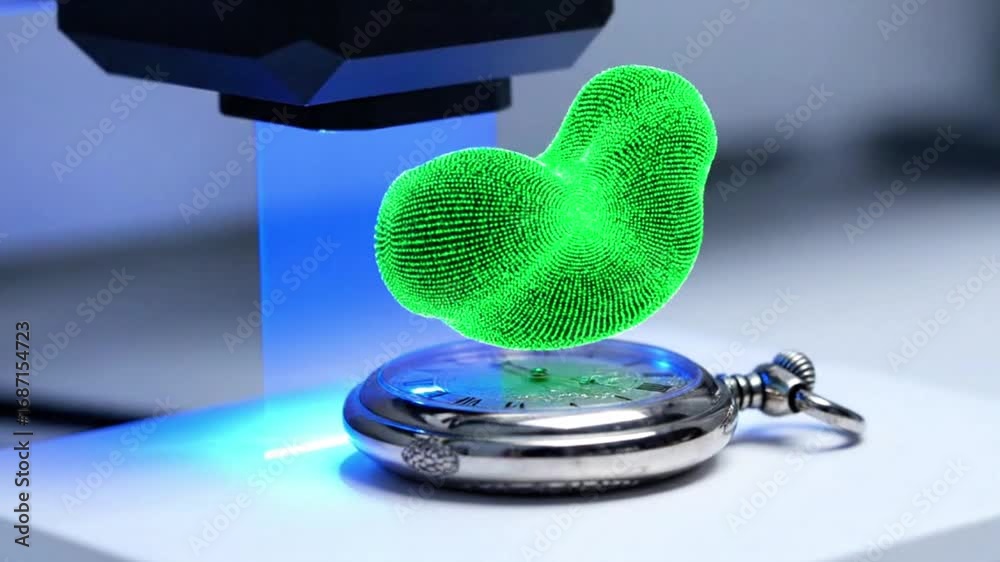 An object being scanned by a sheet of blue light, creating a 3D point ...