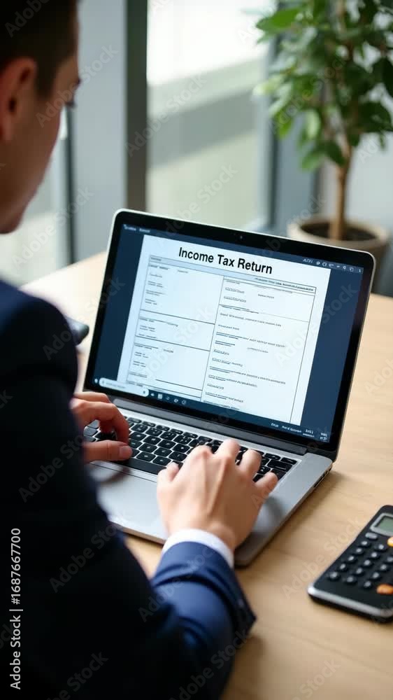 Business person using a laptop to complete income tax return form online. Calculation tax return ...