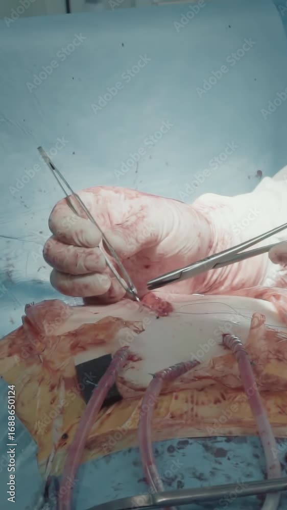 Surgeon in uniform closes incision. Focused doctor uses micro forceps ...