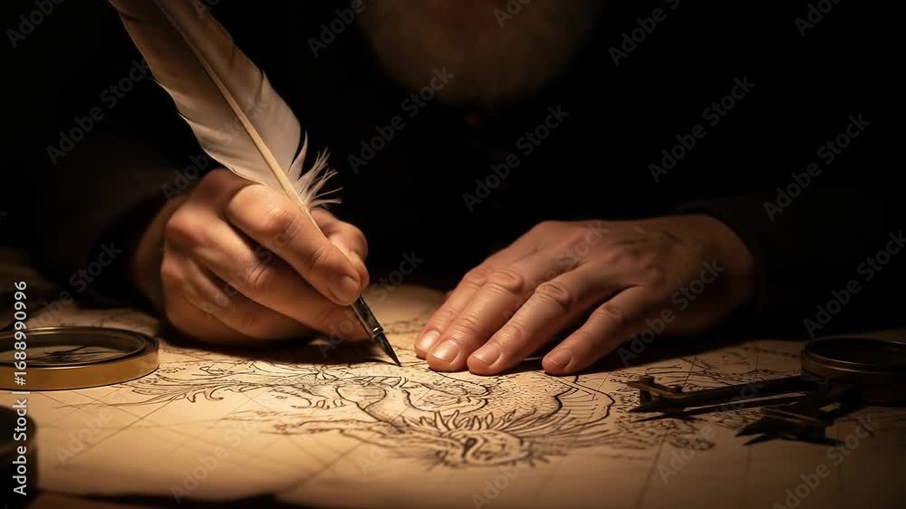 Cartographer drawing a vintage fantasy map with a quill pen by ...