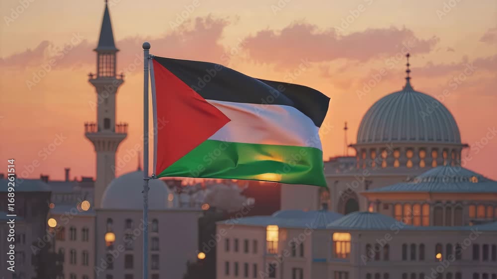 Palestinian flag waving on flagpole in front of a mosque with sunset ...