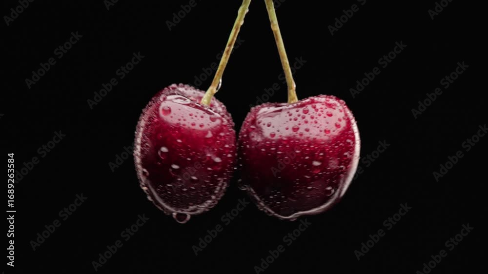 project video of pair of cherries swinging together, morning dew ...