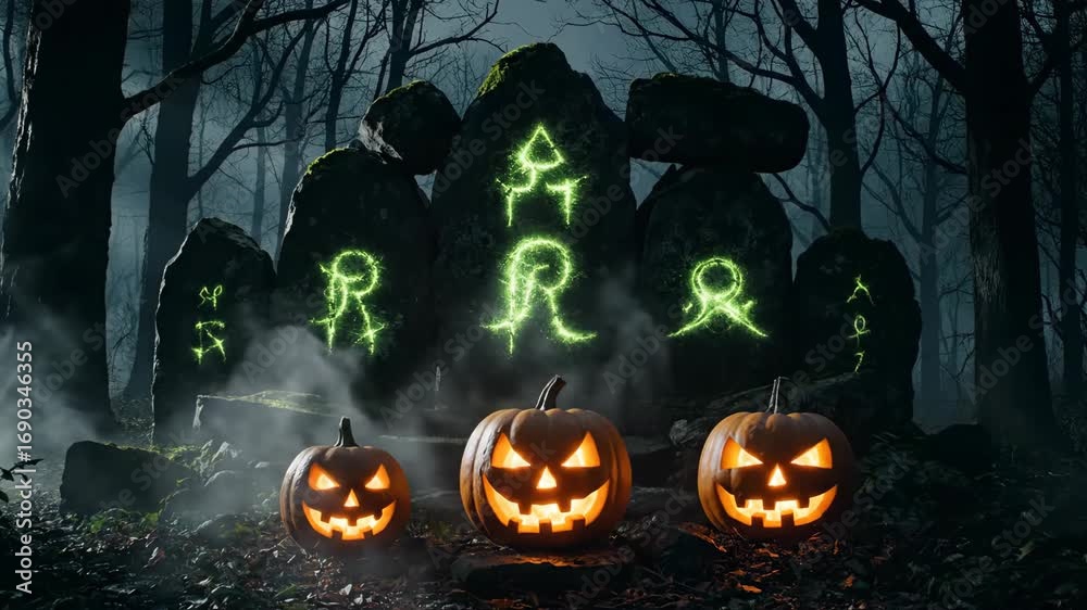 Ancient Magical Runes Glow Green on Stones Behind Flickering Halloween ...