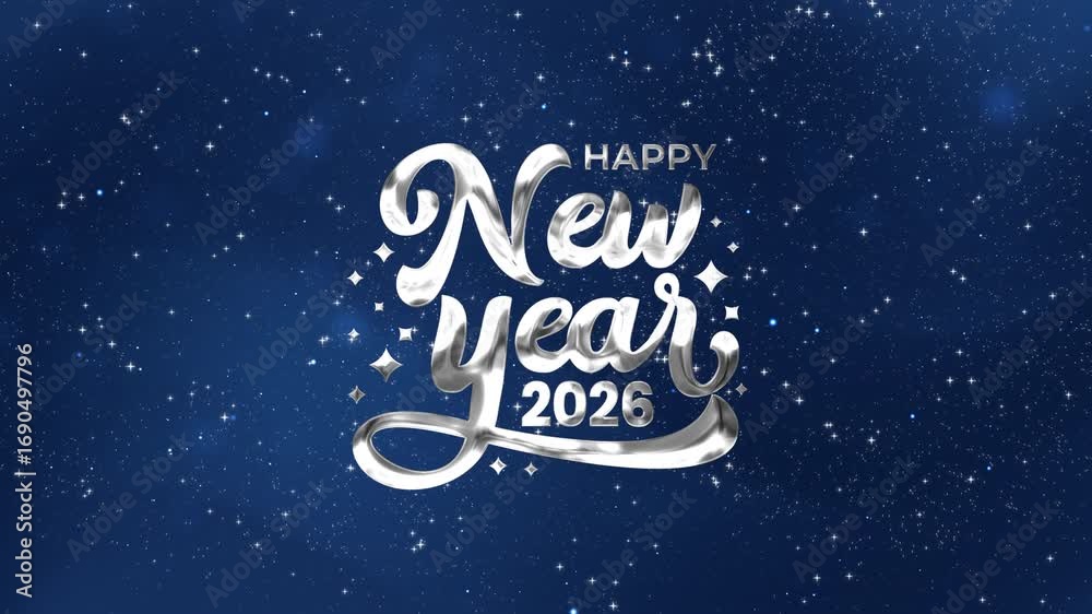 Happy new year 2026 animation in silver lettering against a starry ...