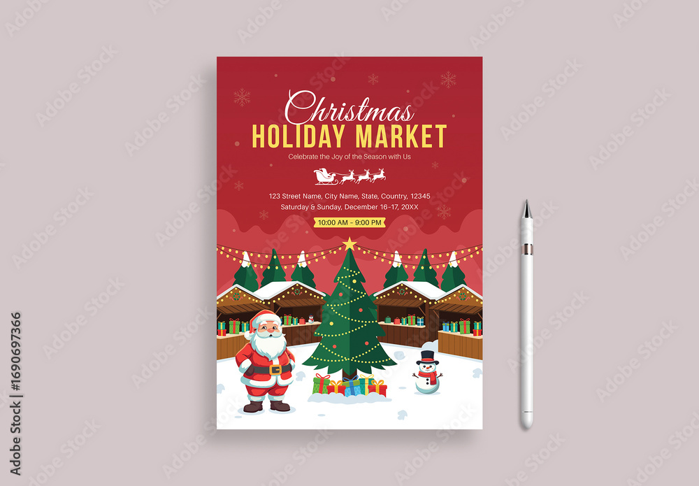 Christmas Holiday Market Flyer Template with Santa Claus and Snowman ...