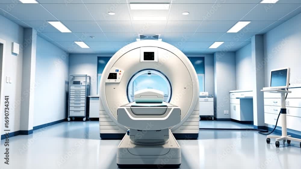 MRI (Magnetic Resonance Imaging) machine, placed inside a clean and ...