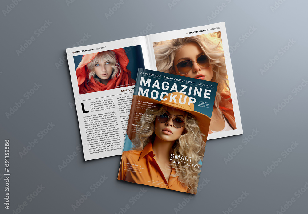 Magazines Mockup On Grey Background. Cover And Open Stock Template ...