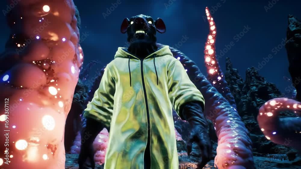 Rat-Human Hybrid in Alien Landscape: Sci-Fi Creature with Tentacles and ...