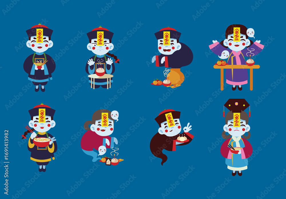 Colorful Hungry Ghost Festival Asian Culture Spirits Illustrations Set ...