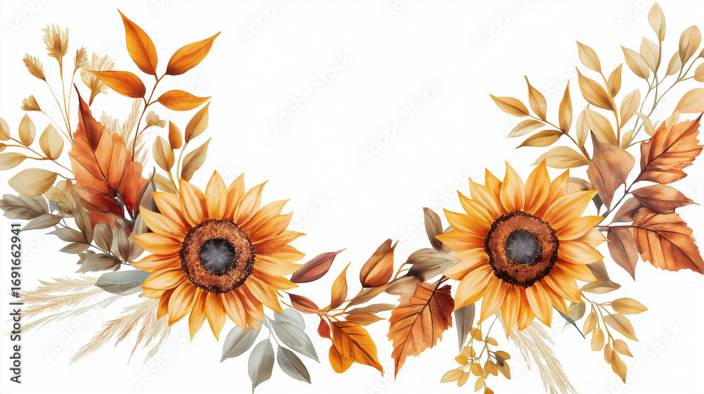 Beautiful autumn floral wreath with sunflowers and warm fall foliage ...