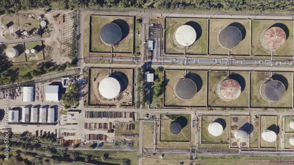 Daytime aerial top-down footage capturing the full layout of a large ...