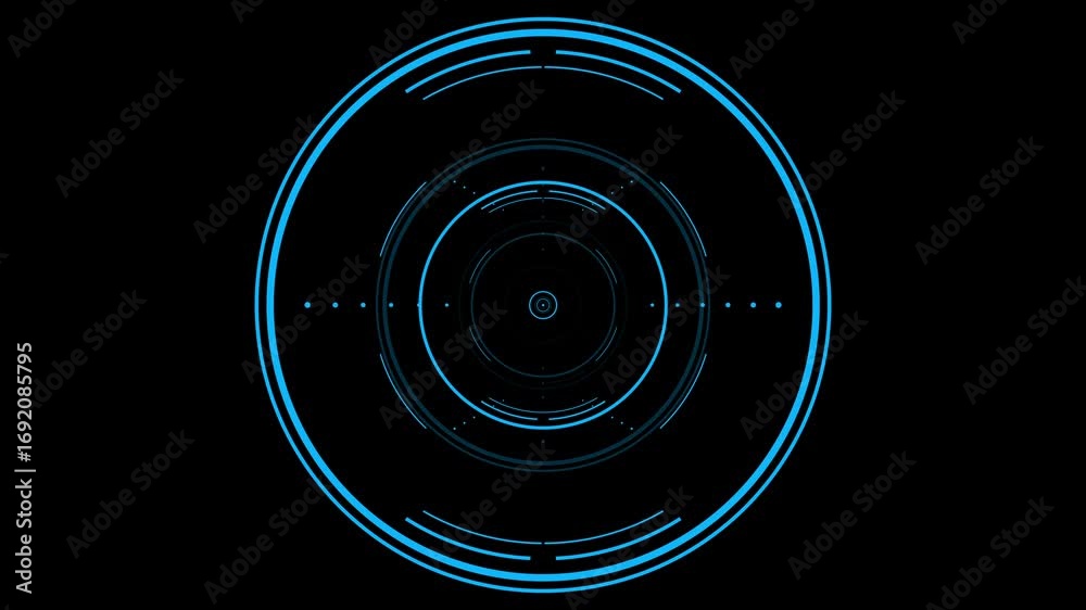 Blue concentric circles and lines appear and disappear, forming a futuristic HUD or interface ...