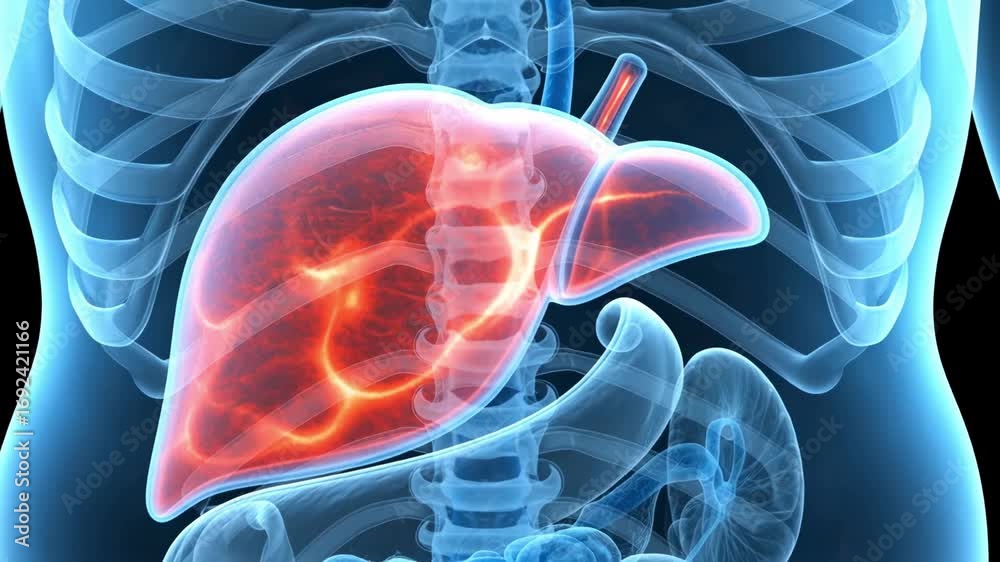3D medical animation of inflamed liver with glowing red areas showing ...