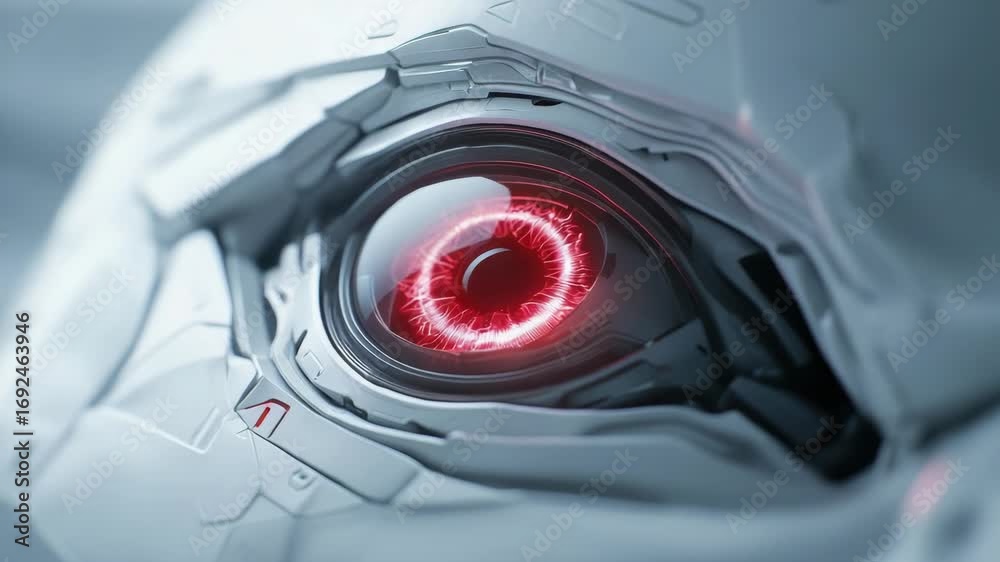 Red eye peers out from white face, a futuristic concept showing digital ...
