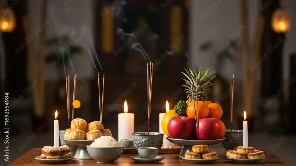 Traditional altar setup with various fruits, candles, and incense ...